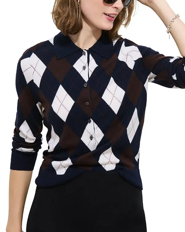 ALEX MILL Lillian Argyle Merino Wool Polo Sweater - Navy