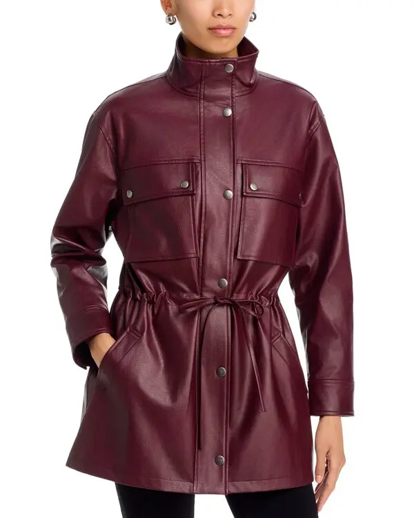 WAYF Faux Leather Utility Jacket With Drawstring Waist - Burgundy