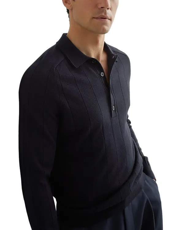 REISS Greyson Ribbed Long Sleeve Merino Wool Polo - Navy