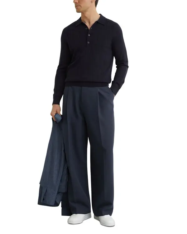 REISS Greyson Ribbed Long Sleeve Merino Wool Polo - Navy