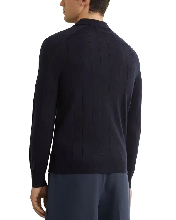 REISS Greyson Ribbed Long Sleeve Merino Wool Polo - Navy