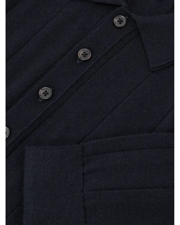 REISS Greyson Ribbed Long Sleeve Merino Wool Polo - Navy