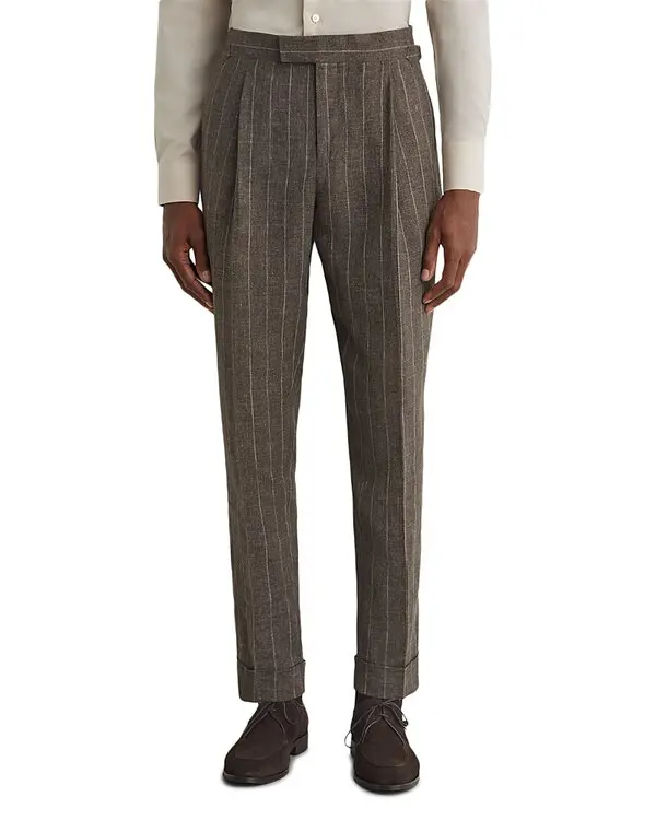 REISS Miramare Side Tab Linen & Cotton Blend Trousers - Brown