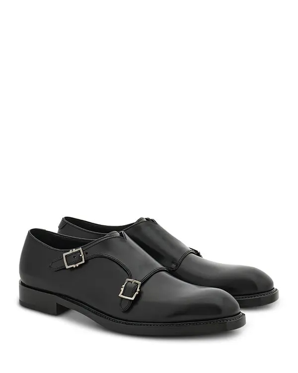 FERRAGAMO Double Monk Strap Leather Loafers - Nero