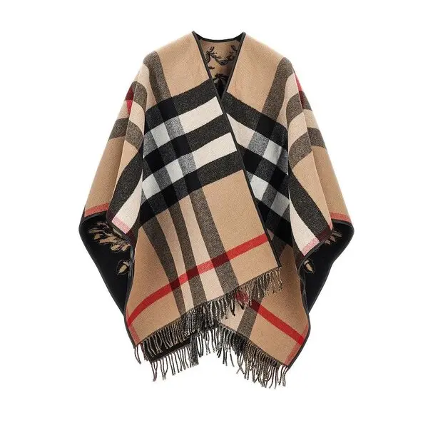 Burberry Equestrian Knight Jacquard Wool Cape With Fringed Trimming - Cream