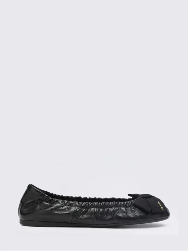 Prada Calfskin Ballet Flats With Bow Detailing - Black