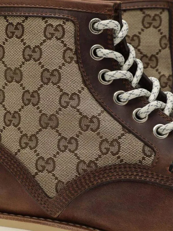 Gucci Calf Leather & Canvas Lace-up Boots - Cream