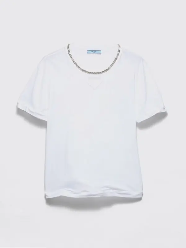 Prada Cotton Knit Crew Neck Top With Jewel Embellishment