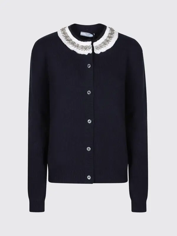 Prada Cashmere Wool Embellished Collar Cardigan - Blue