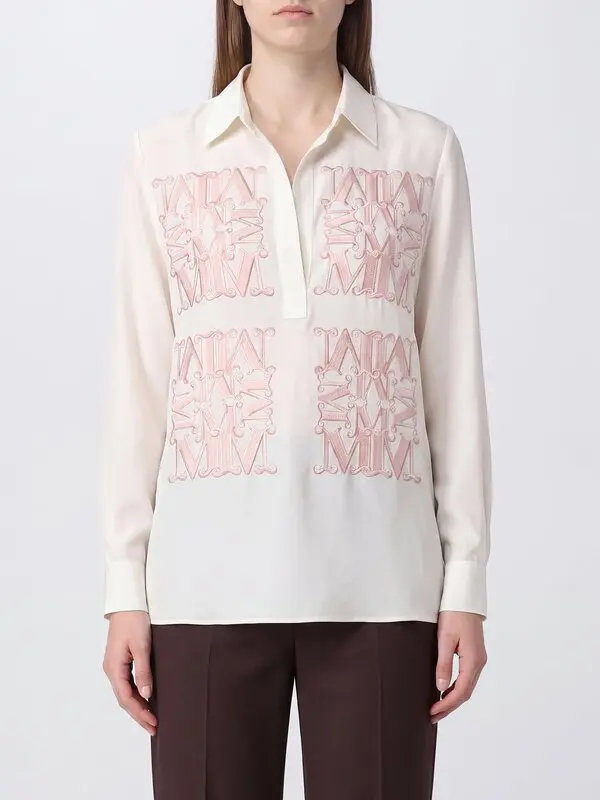 Max Mara Monogram Embroidered Silk Shirt - Champagne Print