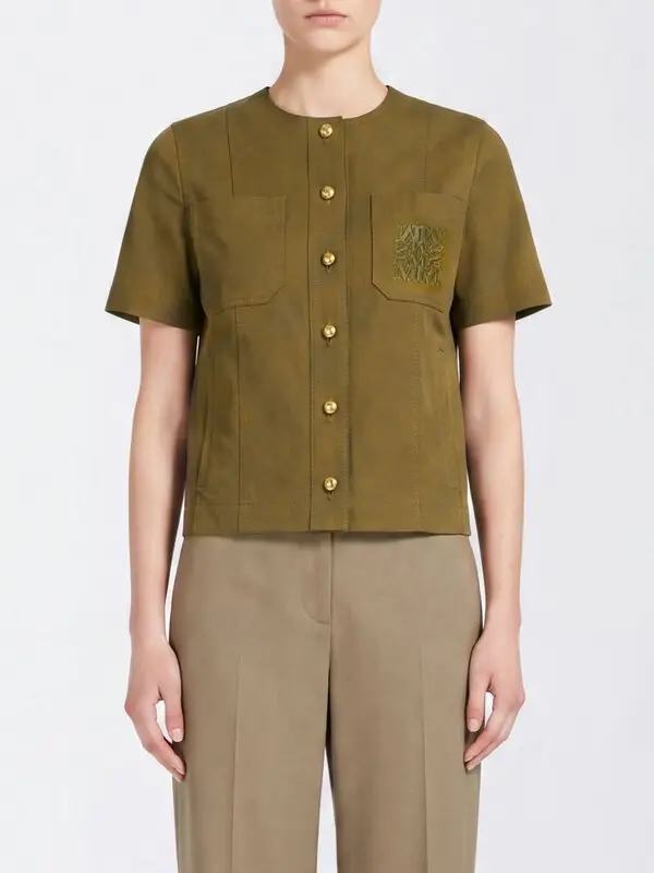 Max Mara Short-sleeved Stretch Cotton Top With Pocket And Embroidered Logo - Brown