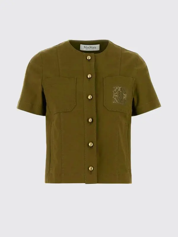 Max Mara Short-sleeved Stretch Cotton Top With Embroidered Logo And Pocket - Brown