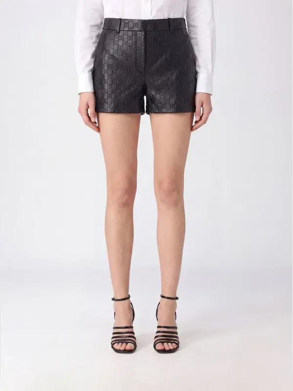 Gucci Gg Monogram Lambskin Leather Shorts With Mid-rise Waist - Blue