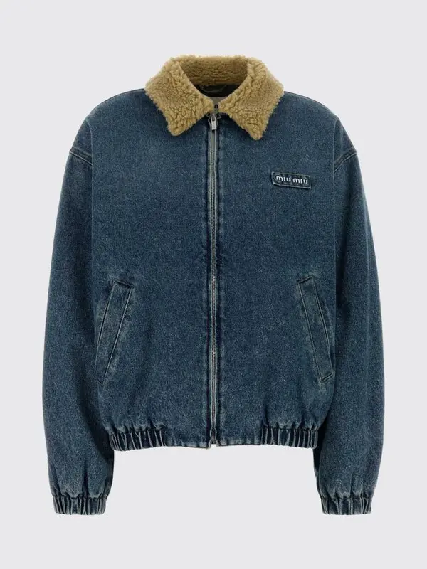 Miu Miu Denim Jacket With Shearling Collar - Blue