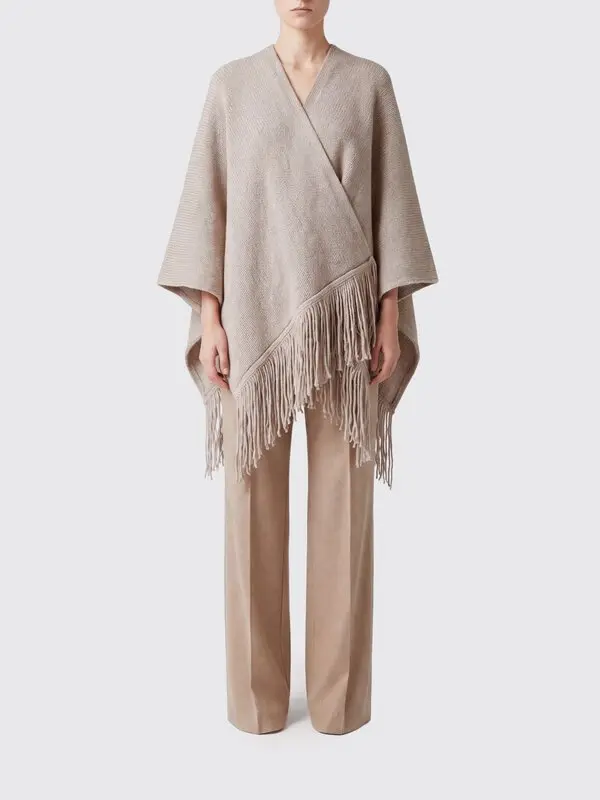 Max Mara Knee-length Wrap Cape In Wool And Cashmere With Fringed Hem - Cream