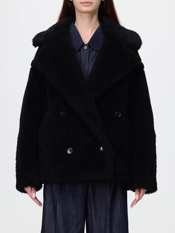 Max Mara Short Double-breasted Faux-fur Effect Coat In A Wool Blend - Black