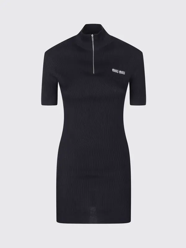 Miu Miu Ribbed Knit Dress With Quarter Zip - Blue