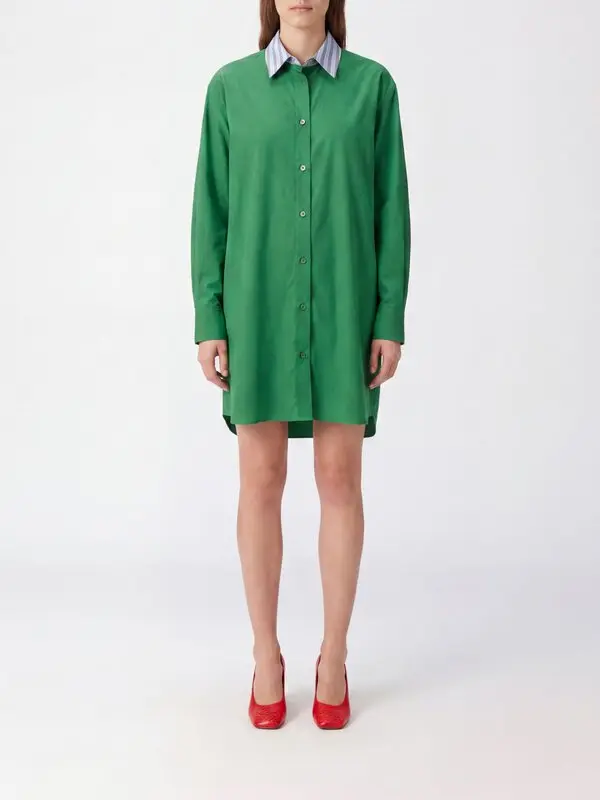 Loewe Long-sleeve Embroidered Logo Cotton Mini Shirt Dress - Green