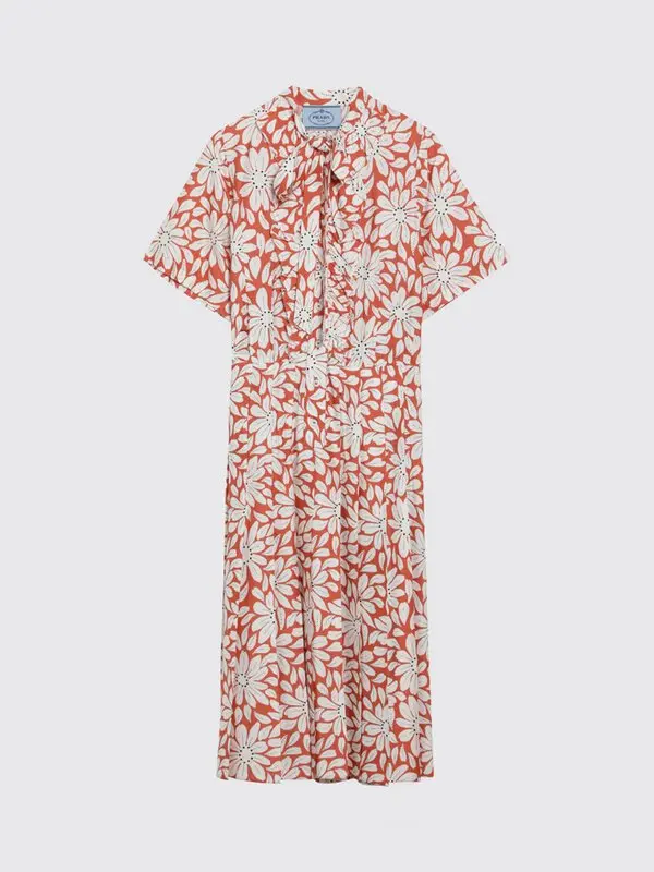 Prada Cotton Floral Print Shirt Dress - Red
