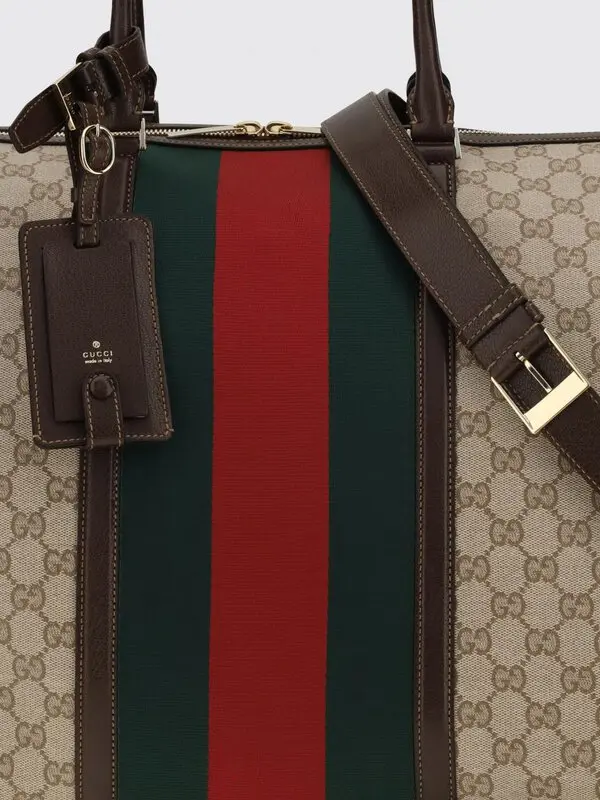 Gucci Gg Monogram Fabric Travel Bag With Leather Handles - Brown