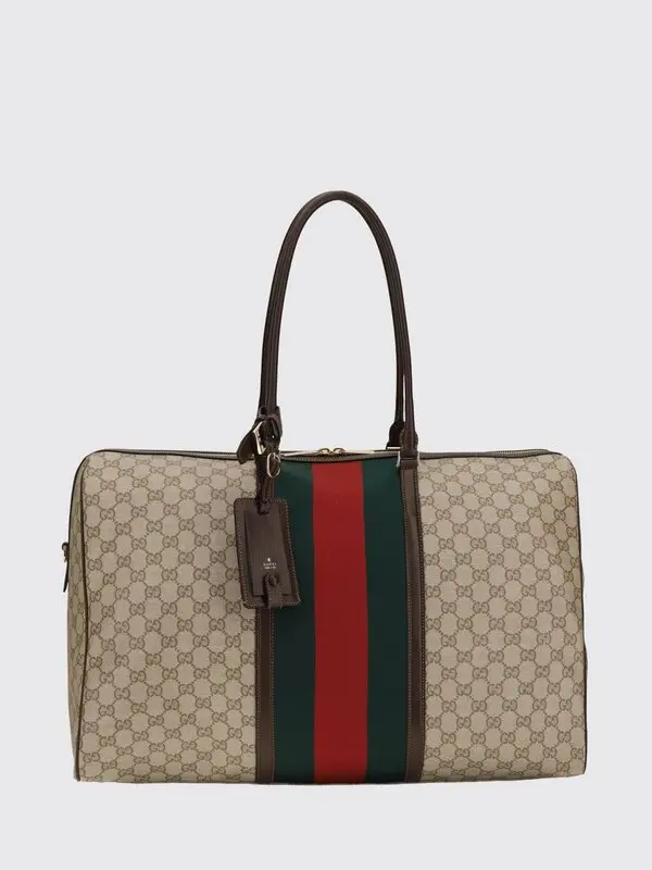 Gucci Gg Monogram Fabric Travel Bag With Leather Handles - Brown