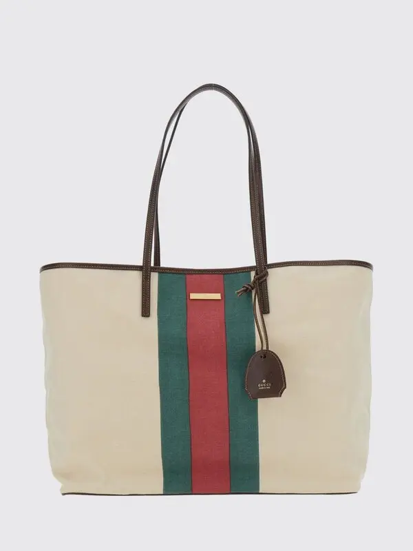 Gucci Tribeca Tote Bag In Striped Cotton Canvas With Web Detail - White