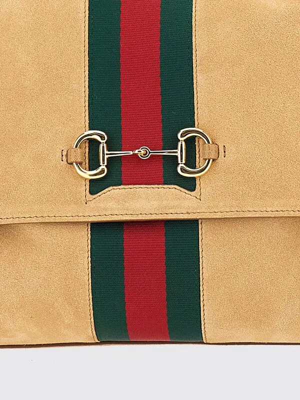 Gucci Suede Shoulder Bag With Horsebit Detail And Web Stripe - Cream