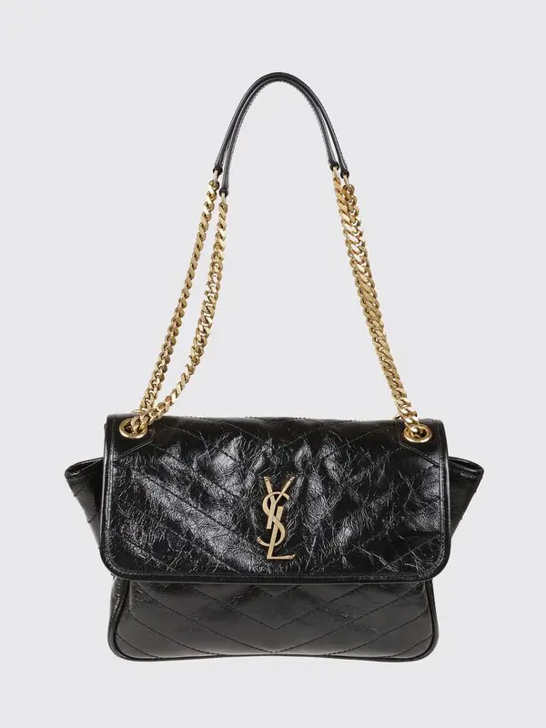 Saint Laurent Quilted Crinkled Leather Shoulder Bag With Monogram - Black