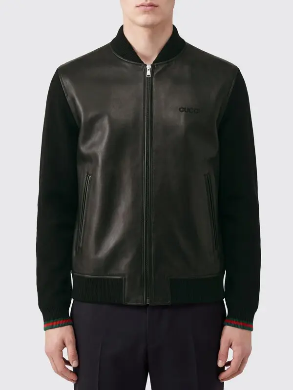 Gucci Bomber In Lamb Nappa And Wool Cotton Knit - Black