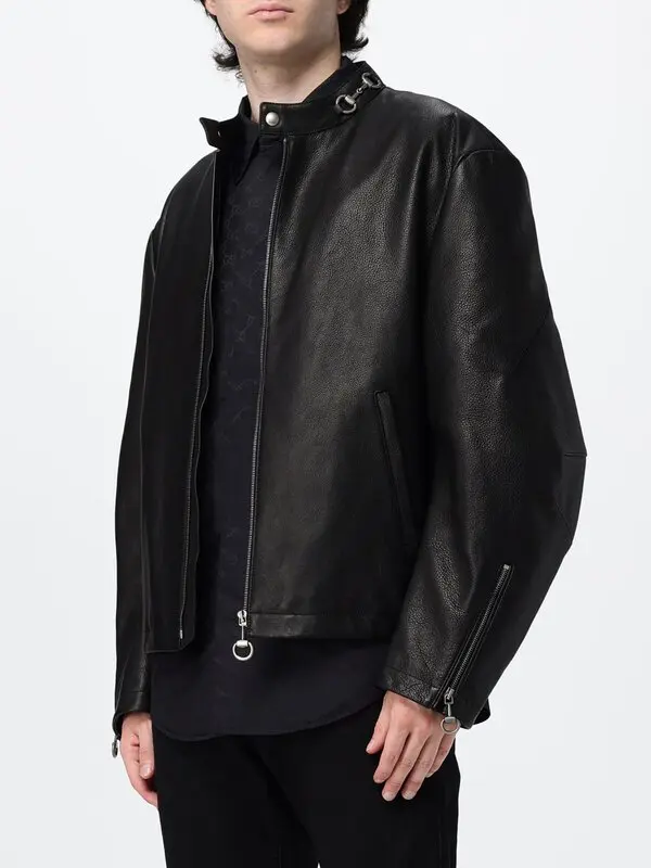 Gucci Two-tone Leather Biker Jacket With Zipped Cuffs And Slit Pockets