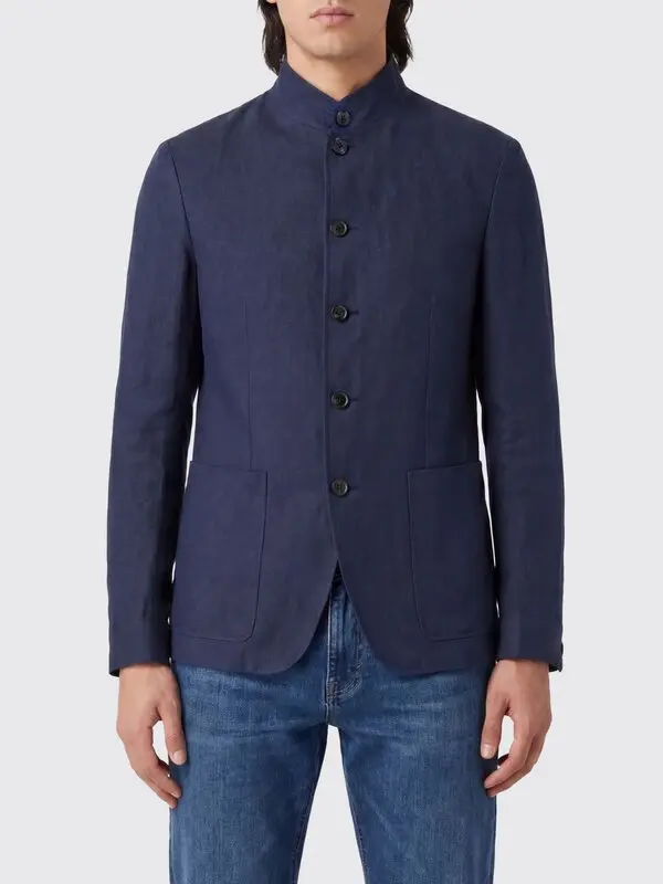 Zegna Linen Jacket With Mandarin Collar - Blue
