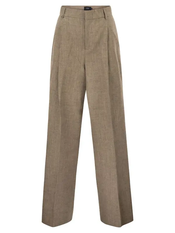 FAY Regular Fit Trousers In Micro-check Cotton And Linen - Cream