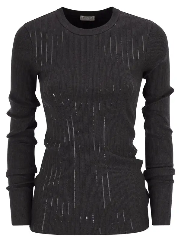 Brunello Cucinelli Stretch Cotton T-shirt With Dazzling Chalk Stripe Embroidery - Multicolor