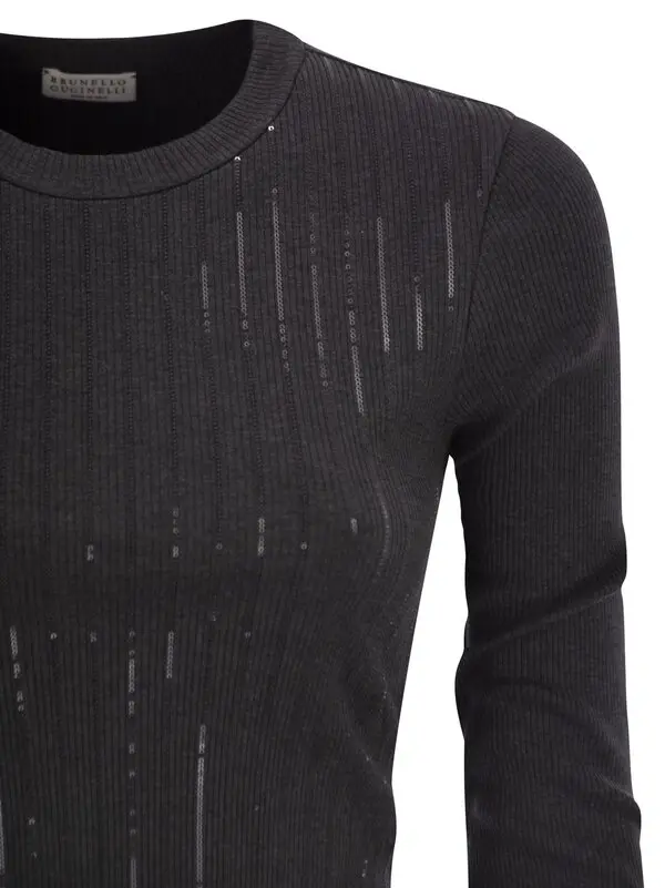 Brunello Cucinelli Stretch Cotton T-shirt With Dazzling Chalk Stripe Embroidery