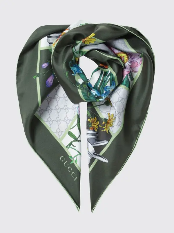 Gucci Gg Monogram And Floral Motif Silk Twill Scarf - Green