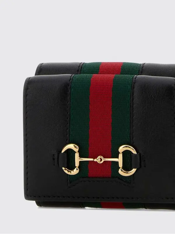 Gucci Horsebit Web Trifold Calfskin Wallet With Web Detail - Black