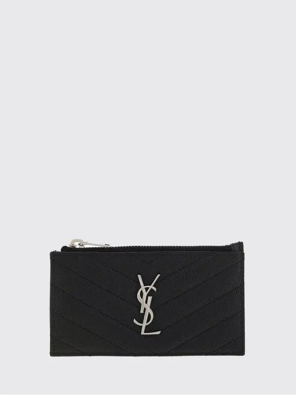 Saint Laurent Grain De Poudre Leather Card Holder With Chevron Pattern And Logo - Black