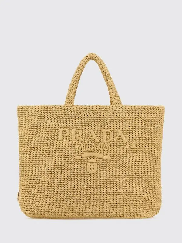 Prada Crochet Raffia Bag With Logo - Cream