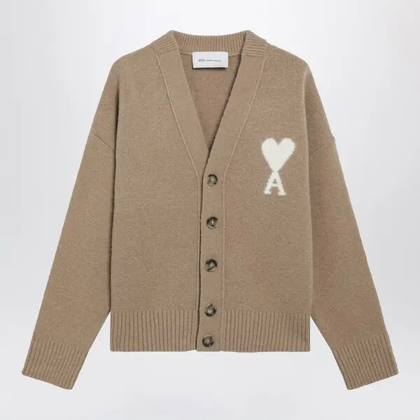 AMI Paris Beige De Coeur Cardigan In Alpaca Blend - Cream