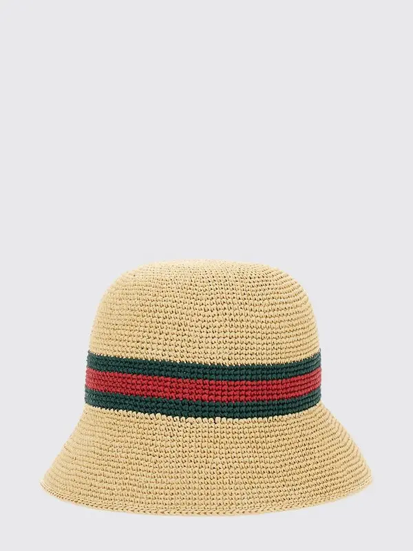 Gucci Striped Raffia Bucket Hat With Gg Detail - Cream