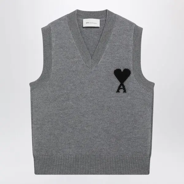 AMI Paris Grey De Coeur Vest In Wool - Gray