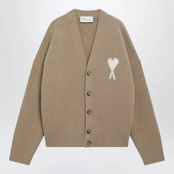 AMI Paris Beige De Coeur Cardigan In Alpaca Blend - Cream