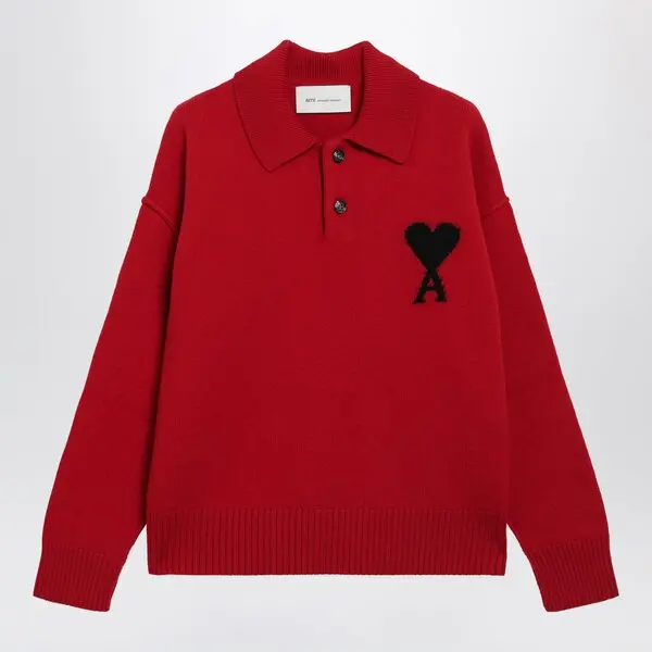 AMI Paris De Coeur Polo Jumper In Wool - Red