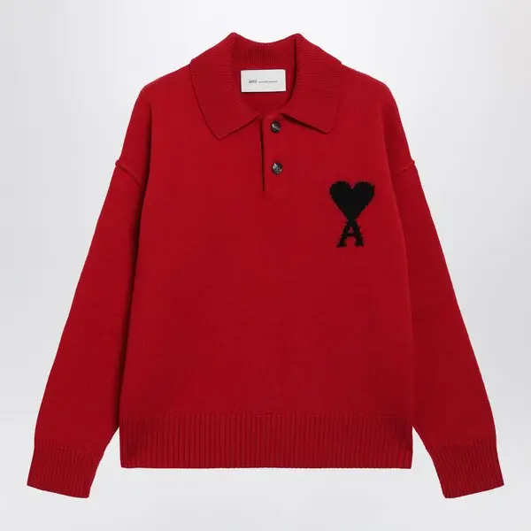 AMI Paris Wool De Coeur Polo Jumper - Red