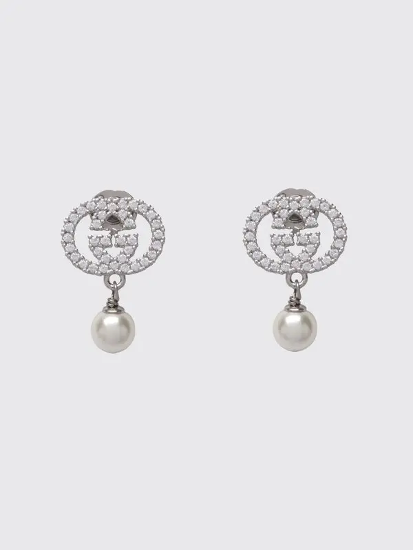 Gucci Brass Pendant Earrings With Synthetic Pearls And Rhinestone Gg Logo - White