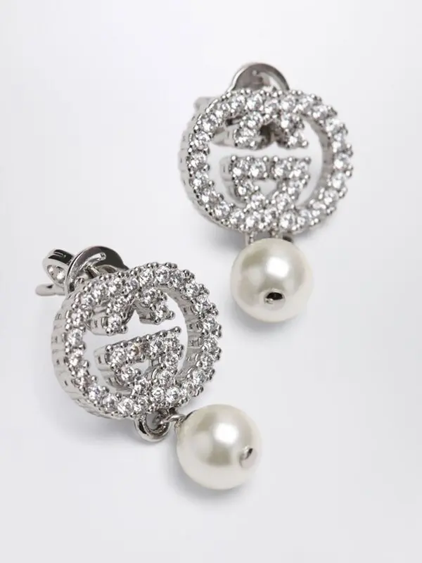 Gucci Brass Pendant Earrings With Synthetic Pearls And Rhinestone Gg Logo - White