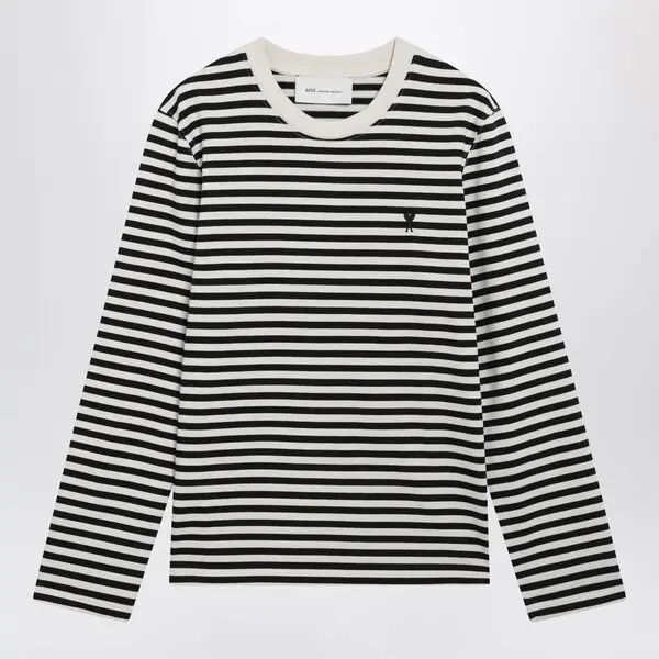 AMI Paris Ivory Striped De Coeur T-shirt - Black