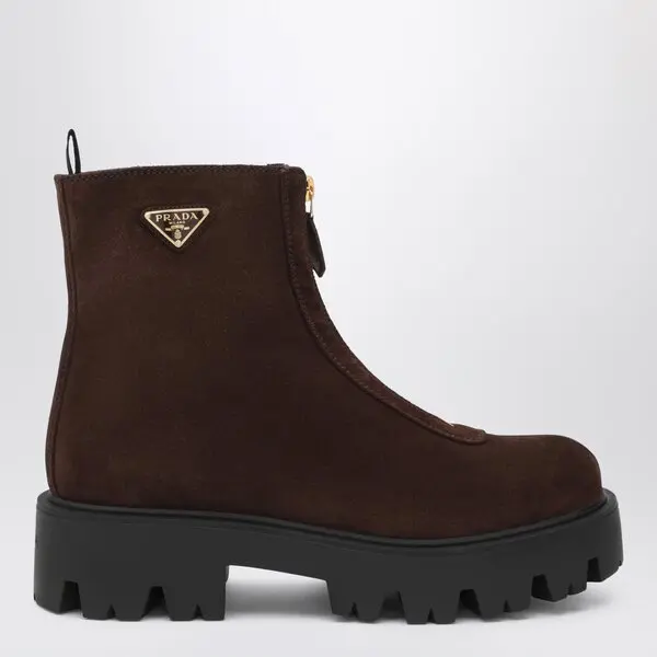 Prada Moro Suede Ankle Boots With Zip - Brown