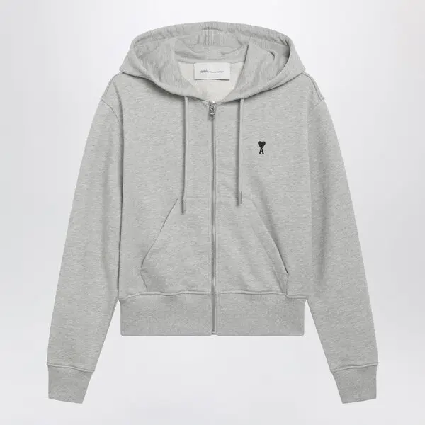 AMI Paris Light Grey De Coeur Zip-up Sweatshirt In Cotton - Gray