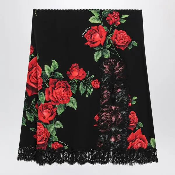 Dolce & Gabbana Floral-pattern Skirt In Silk Blend And Lace - Black